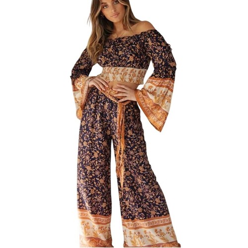 JJwm Woman Bohemian Navy & Sienna Floral Two Piece Belted Pants Set ...