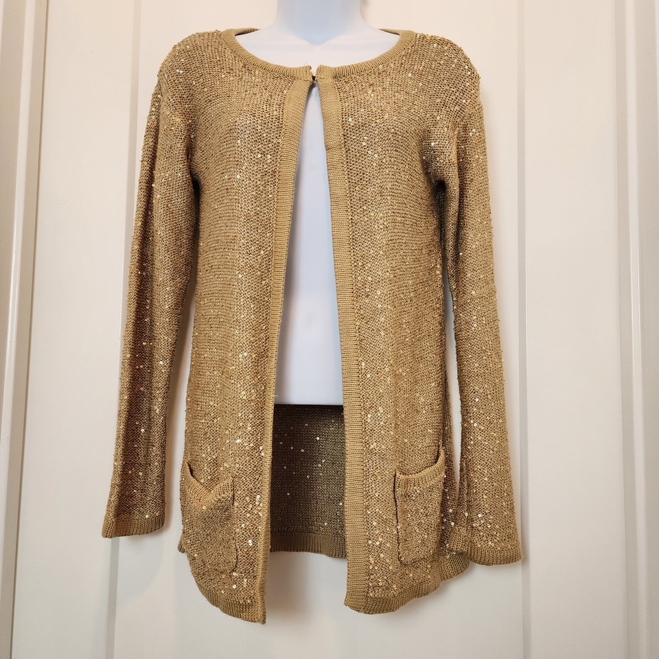 NWT Mango Suit Gold Sequin Cardigan Sweater XS Open Front Metallic ...