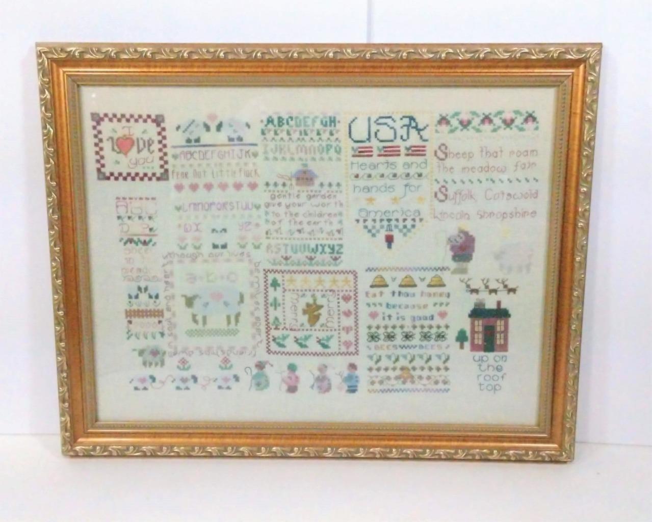 Vintage Embroidery SAMPLER 18" x 14" Gold Wood Frame with glass ...
