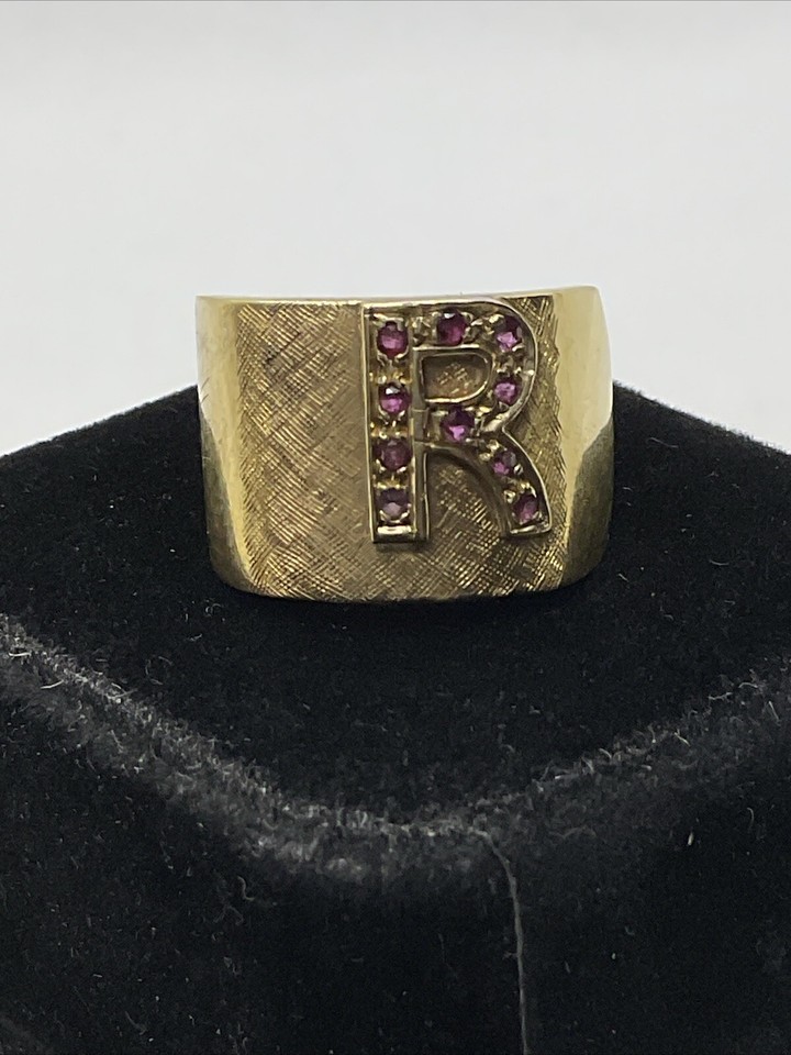Solid 18K Yellow Gold Ruby Accents INITIAL LETTER “R” MEN’S SIGNET Ring ...