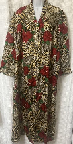 Simply Basic Robe Womens L 90s Roses Animal Print Snaps House Dress ...