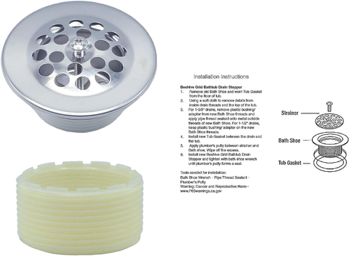 Beehive Grid Bathtub Drain with 1-1/4 Inch Fine Thread and 1-1/2 Inch ...