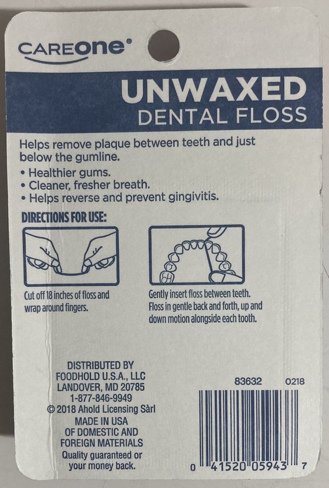 CareOne Unwaxed Dental Floss Unflavored 55yd Each Lot of 4 | eBay