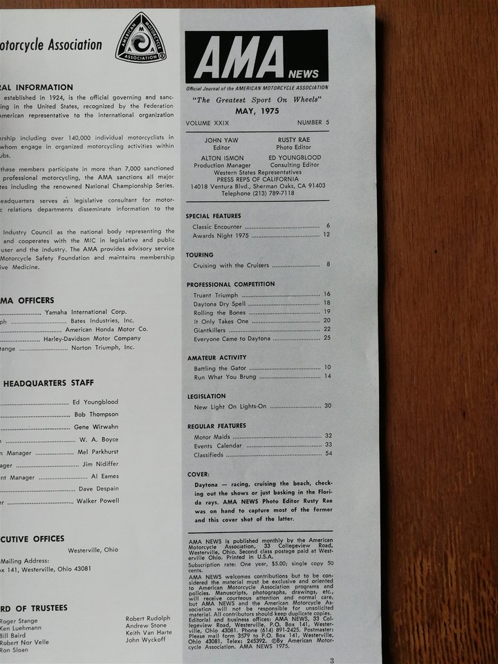 AMA News American Motorcycle Magazine May 1975 - Truant Triumph ...