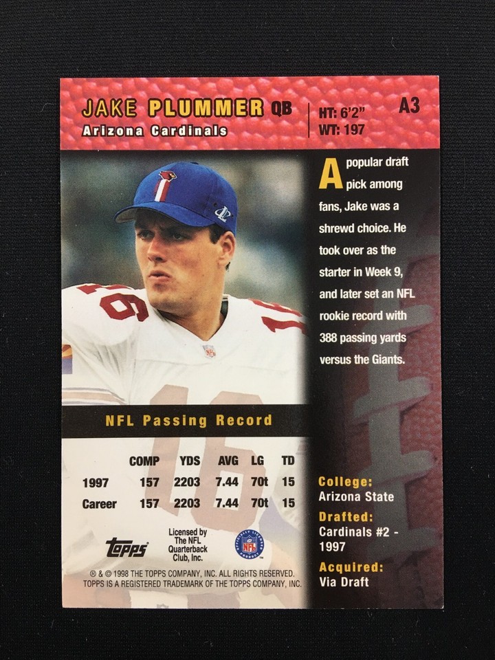 1998 Topps Certified Autograph #A3 Jake Plummer Auto Arizona Cardinals ...