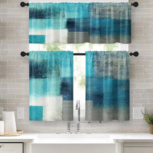 Turquoise Kitchen Curtains Teal Grey 52"W x 36"L (Pack of 3) Abstract ...