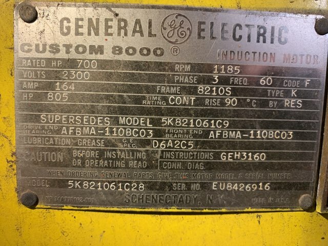 700 HP General Electric AC Electric Motor 1200 RPM Fr 8210S DPBB 2300 V ...