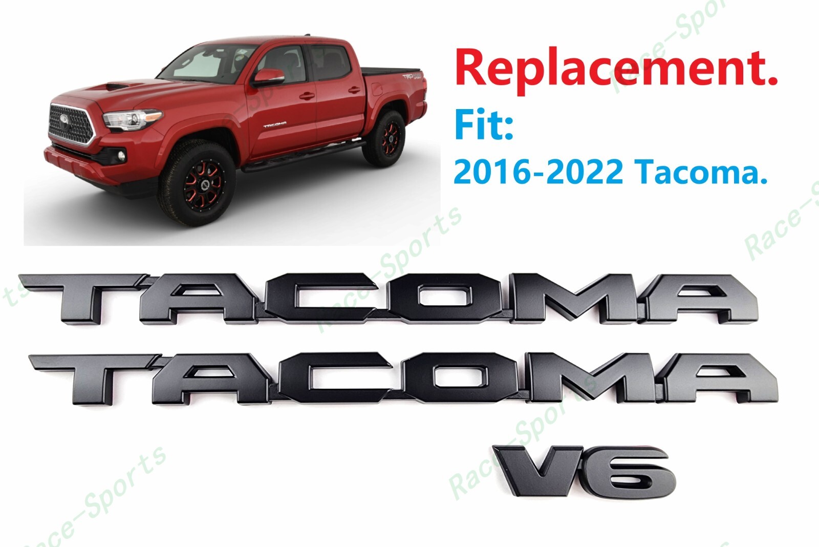 3PCS Matte Black Door Tacoma Rear V6 EMBLEM BADGE Fit 2016-2022 TOYOTA ...
