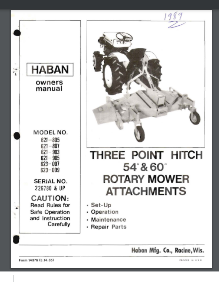 Haban 3 point hitch mower 54 and 60 inch 621 thru 623 owner parts ...