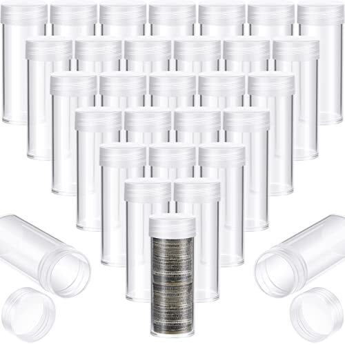 30 Pack Coin Storage Tubes Round Clear Plastic with Screw On Tops for ...