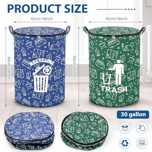 2 Pack Collapsible Trash Can Camping with Zippered Lid Foldable Storage ...