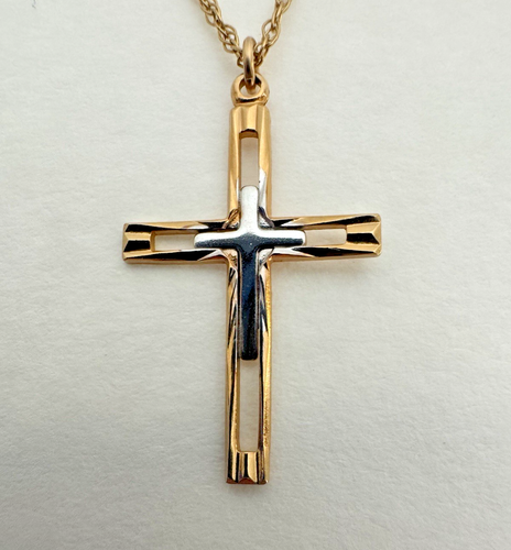 Christian Gold & Silver Cross w/ Necklace Chain 1/20 14KT GF Gold ...