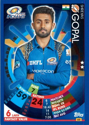 2017 2018 MUMBAI INDIANS IPL Cricket Card SHREYAS GOPAL Topps Attax ...
