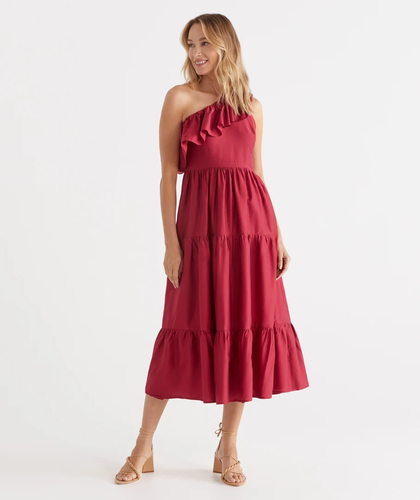 SUSSAN RED ONE SHOULDER RUFFLE TIERED LINED DRESS SZ 12-14? BNWOT RRP ...