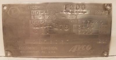 Avco Lycoming Aircraft Data Plate Model #G0-480-F2D6, Engine #L-123-37 ...