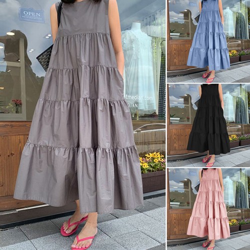 US STOCK Women Long Maxi Dress Sleeveless Plus Size Plain Layered Swing ...