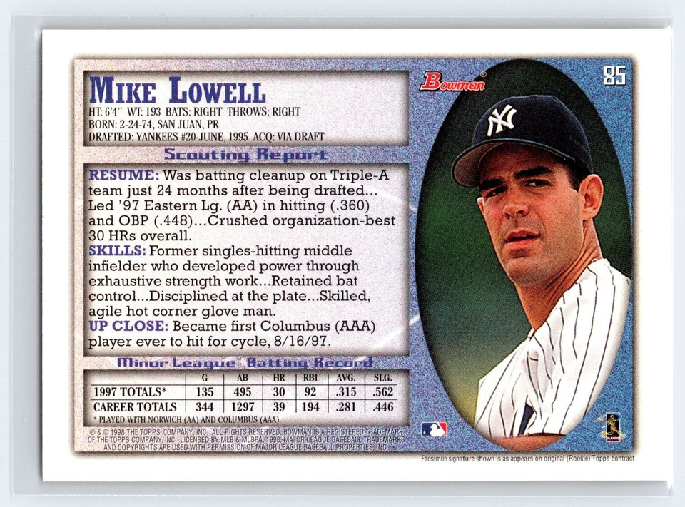 MIKE LOWELL 1998 Bowman Rookie Card #85 New York Yankees | eBay