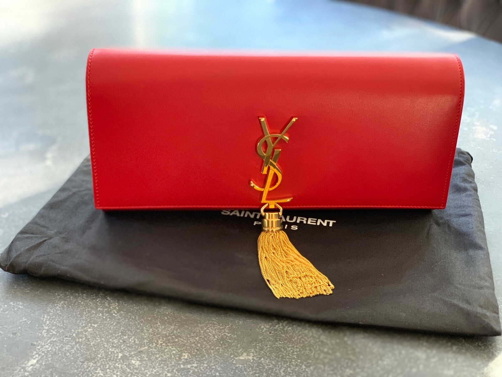 Monogram Kate Classic Tassel Red Leather Clutch - Gem