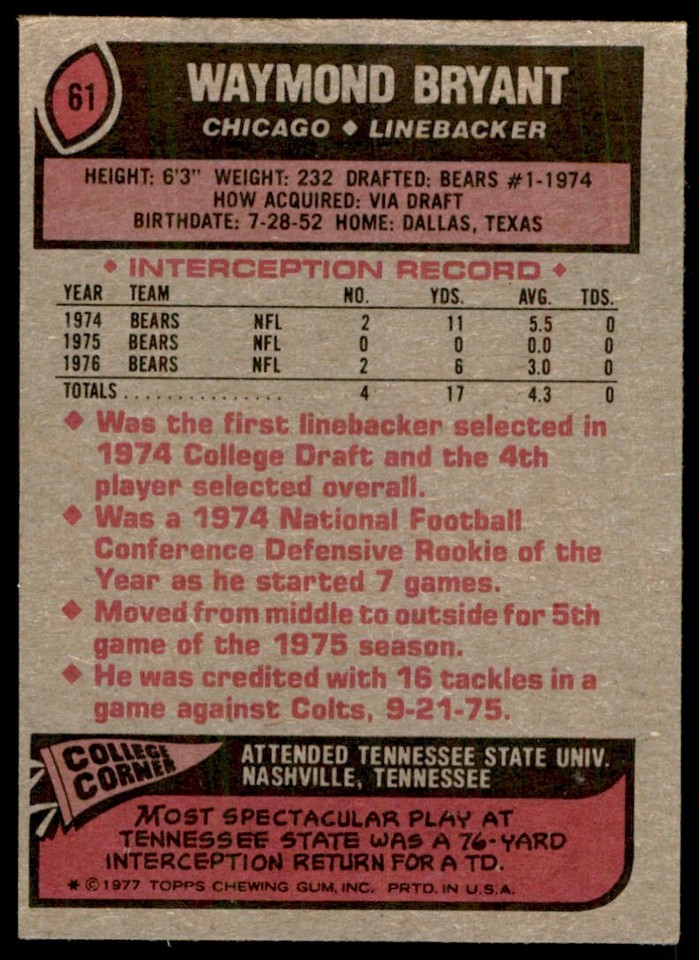 1977 TOPPS WAYMOND BRYANT ROOKIE . CHICAGO BEARS #61 | eBay