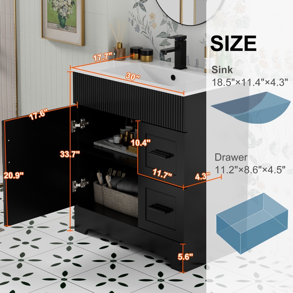 30"/36"/48" Bathroom Vanity Set with Drop in Ceramic Sink Top with Wave ...