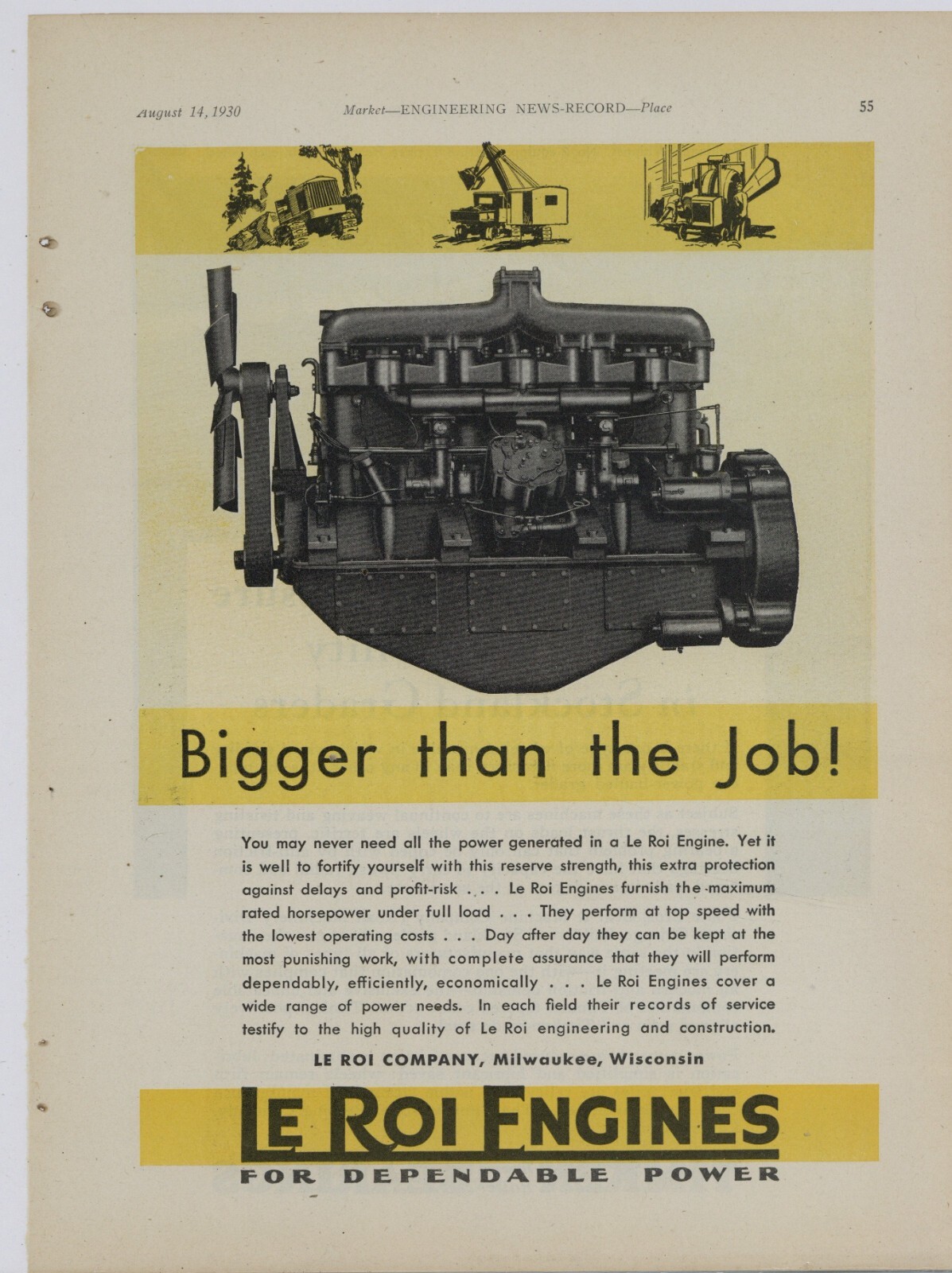 1930 Le Roi Co. Ad: Bigger Than the Job! Le Roi Engines for Dependable ...