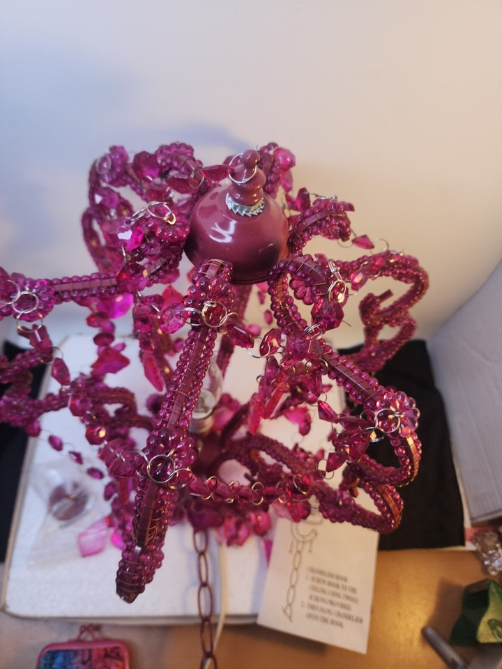 Beaded Single Light Chandelier Hot Pink FuchsiaTeardrops Prisms & Chain ...