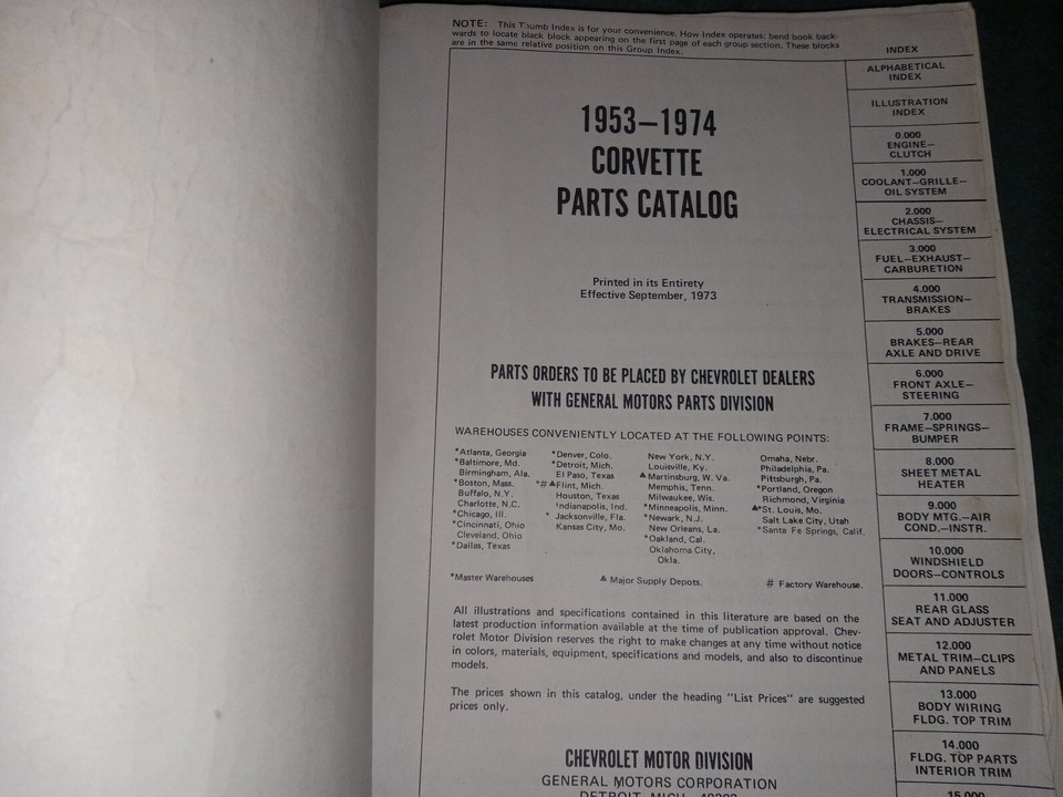 1953-1974 CHEVY CORVETTE PARTS CATALOG / ORIGINAL G.M. PARTS BOOK 70 73 ...