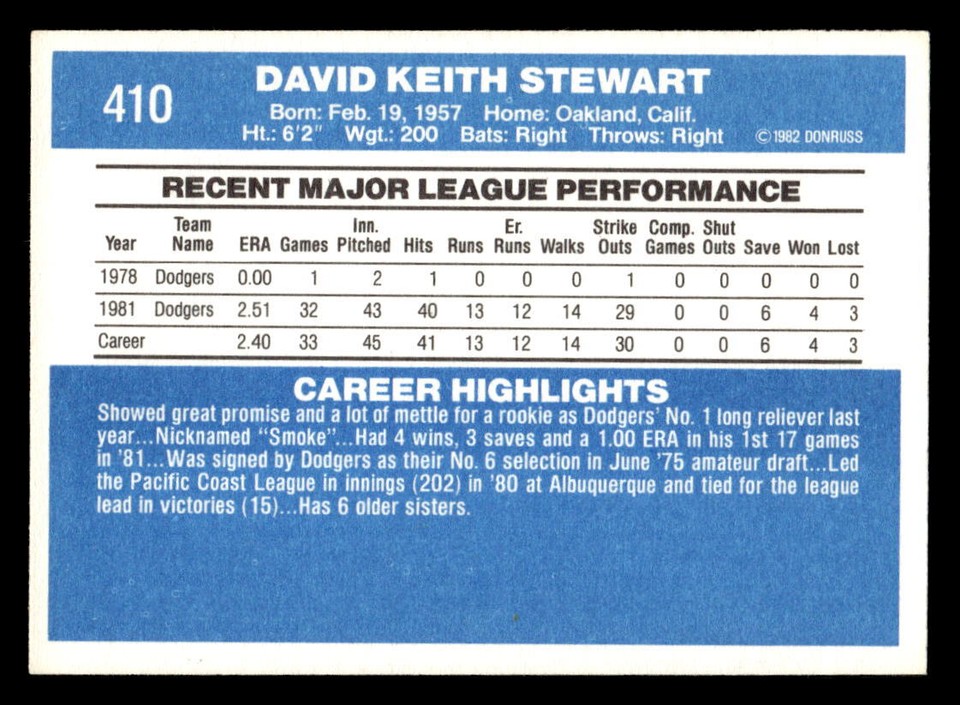 Dave Stewart 1982 Donruss #410 RC Rookie Los Angeles Dodgers | eBay
