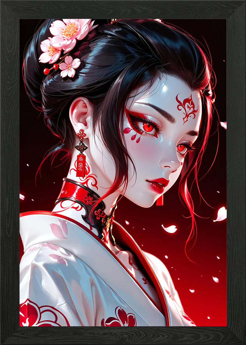Geisha with Red Accents and Flowers Framed Wall Art Poster Canvas Print ...