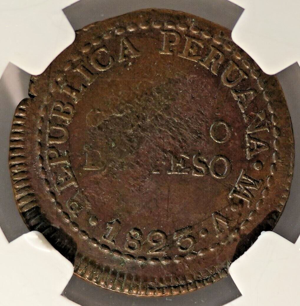 PERU EARLY RARE CURRENCY MONEY 1/4 PESO COPPER COIN 1823 LIMA V YEAR KM ...
