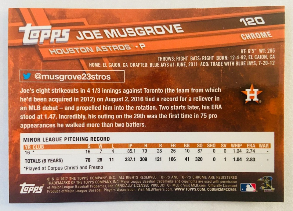 2017 Topps Chrome JOE MUSGROVE Prism Refractor Rookie Card RC | eBay