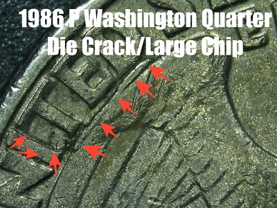 1986 P Washington Quarter Error Coin - Die Cracks/Large Chip REV. Rim ...