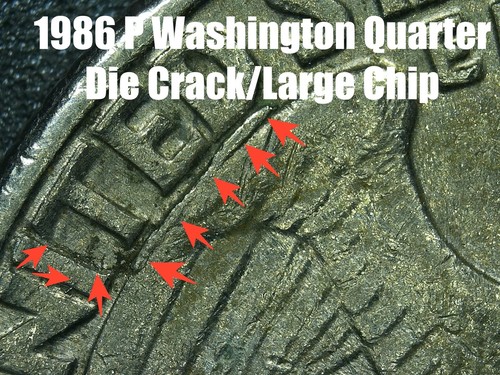 1986 P Washington Quarter Error Coin - Die Cracks/Large Chip REV. Rim ...