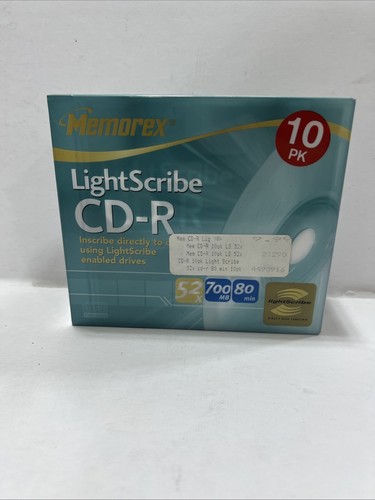 MEMOREX LIGHTSCRIBE CD-R RECORDABLE MEDIA 52x 700mb 80min 10 PACK - New ...