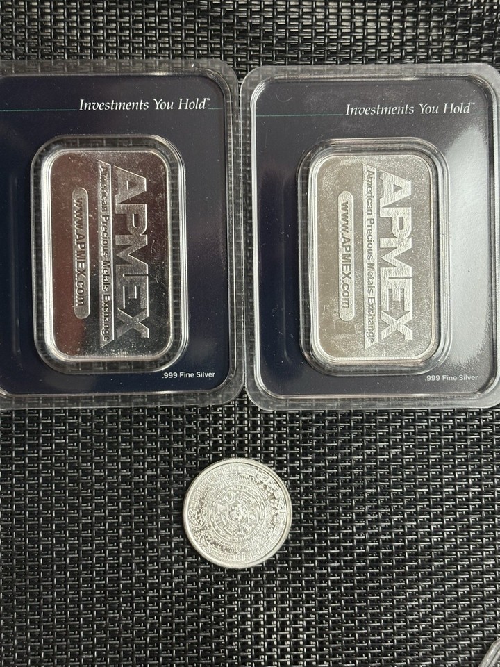 2 APMEX 1 oz Silver Bars + 1/4 oz Aztec Round 2.25 oz .999 Fine Silver ...