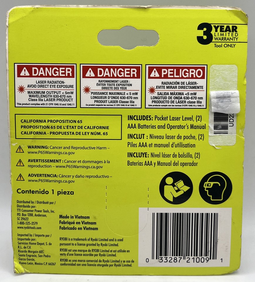 Ryobi 15’ Compact Pocket Red Light Laser Level, Battery Operated. NEW ...