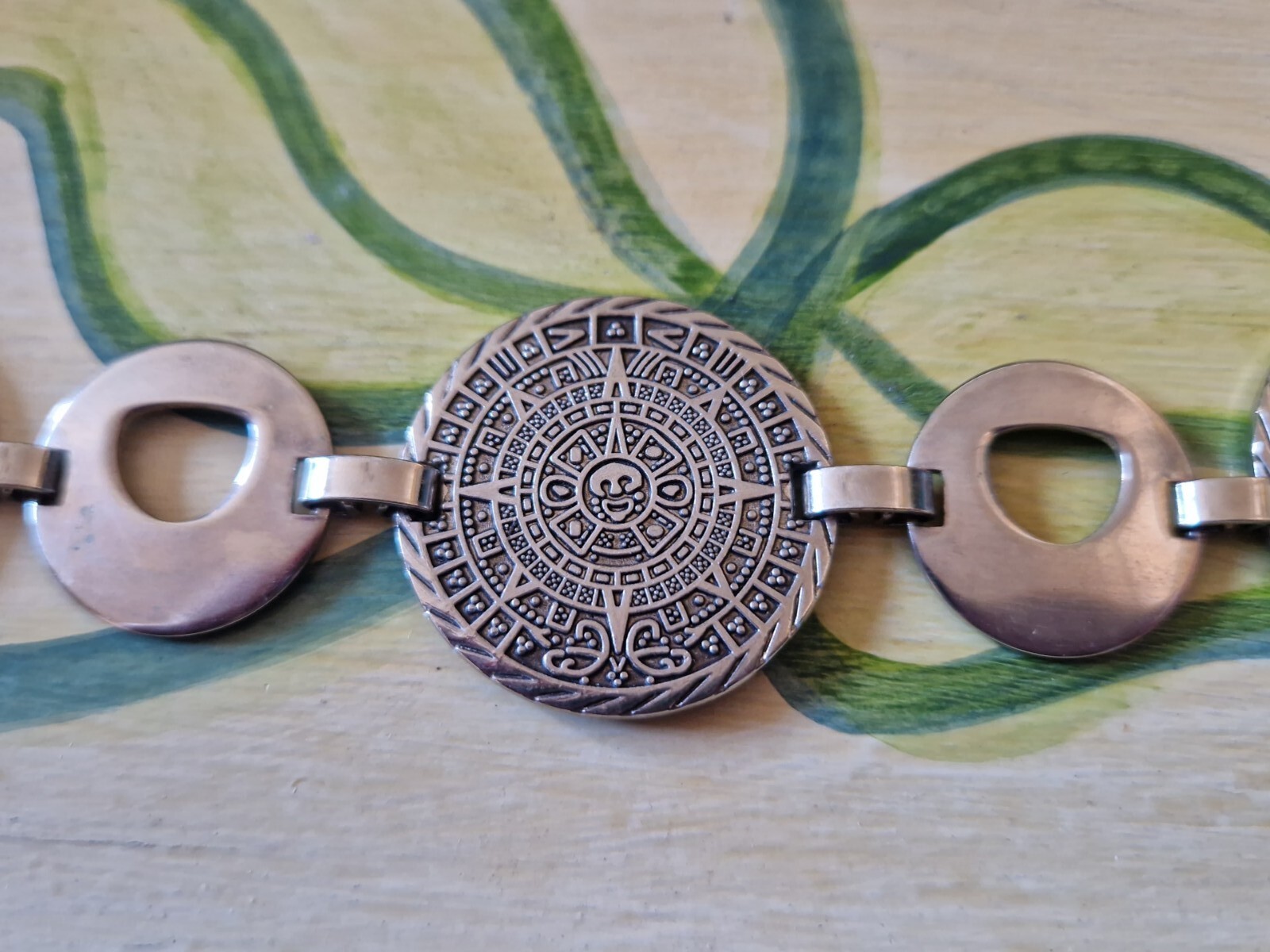 Sterling Silver 925 Mayan Aztec Sundial Calendar Panel Bracelet, 39.62g ...