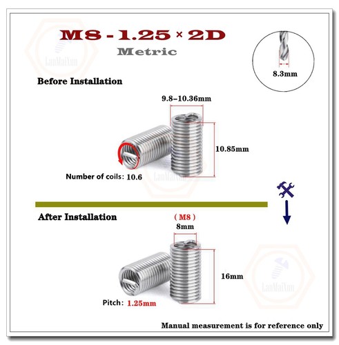 100pcs M8x1.25x2D Metric Helicoil Screw Thread Wire Inserts 304 ...