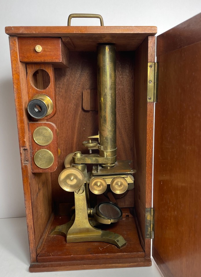 Antique Signed J.H. Steward microscope with case and some accessories ...