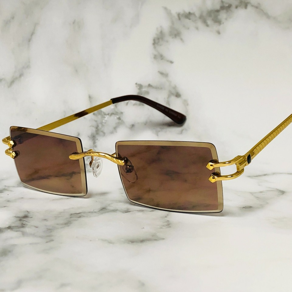 Blue Tint Mens Rimless Square Gold Frame Rectangular Hip Hop Fashion ...