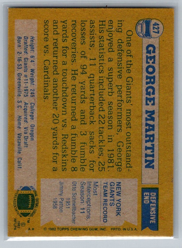 1982 NFL Topps NFL George Martin #427 | eBay