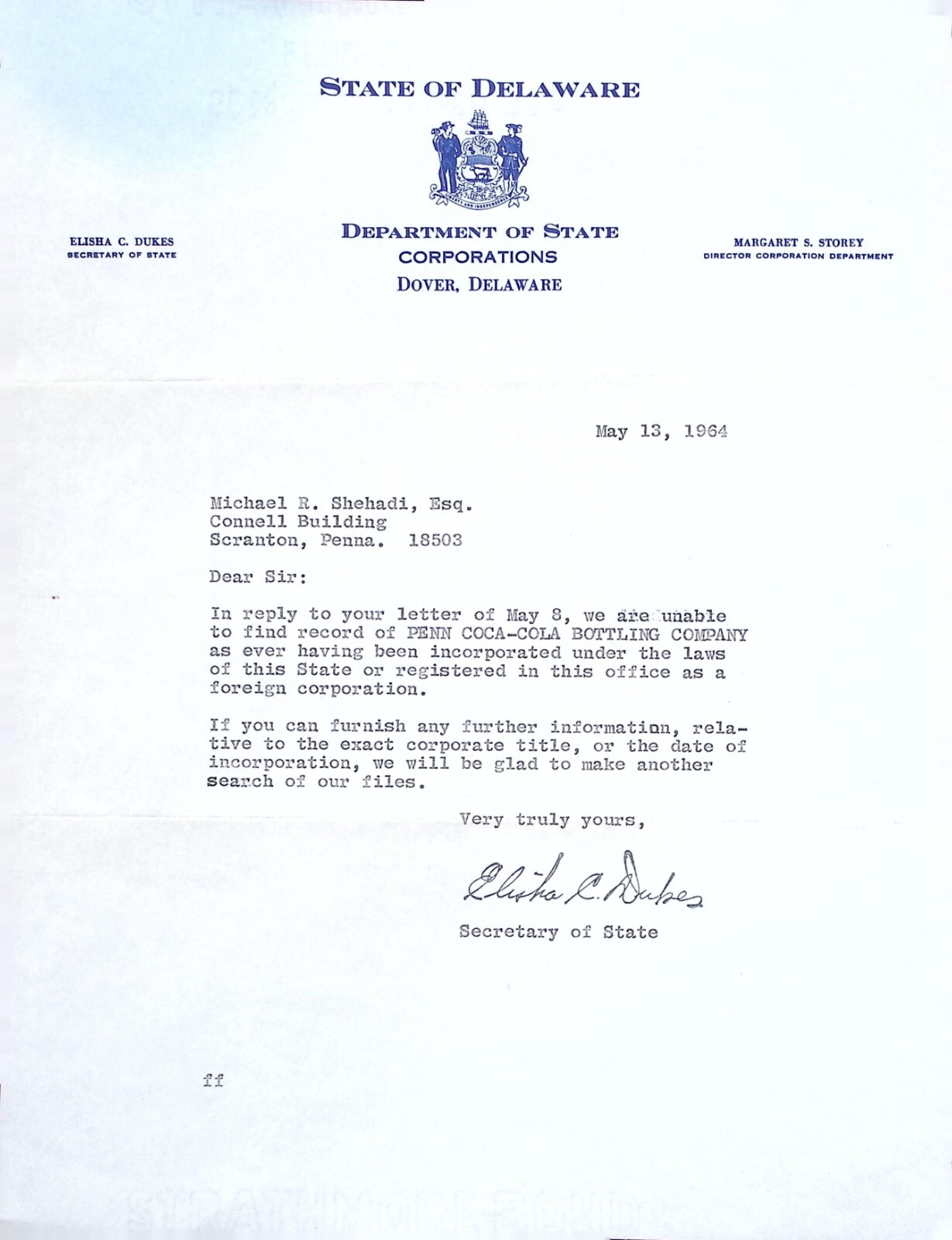 Купить 1964 Delaware Secretary of State Letter Penn Coca-Cola Bottling ...