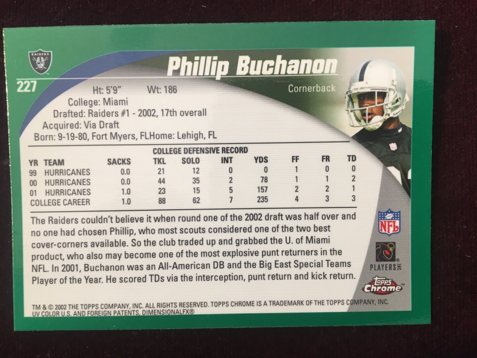 2002 Topps Chrome Refractors Raiders Phillip Buchanon Rookie Card #227 ...
