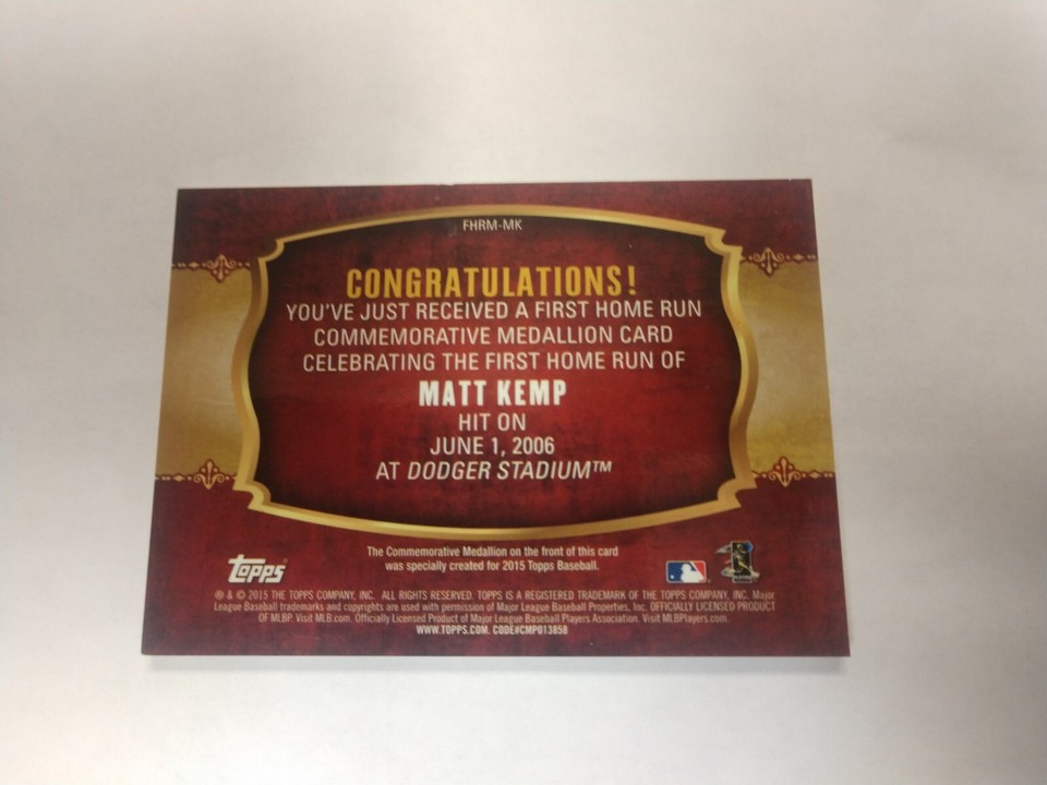 2015 Topps Baseball FHRM-MK Matt Kemp First Home Run Medallion (PWE)(2 ...