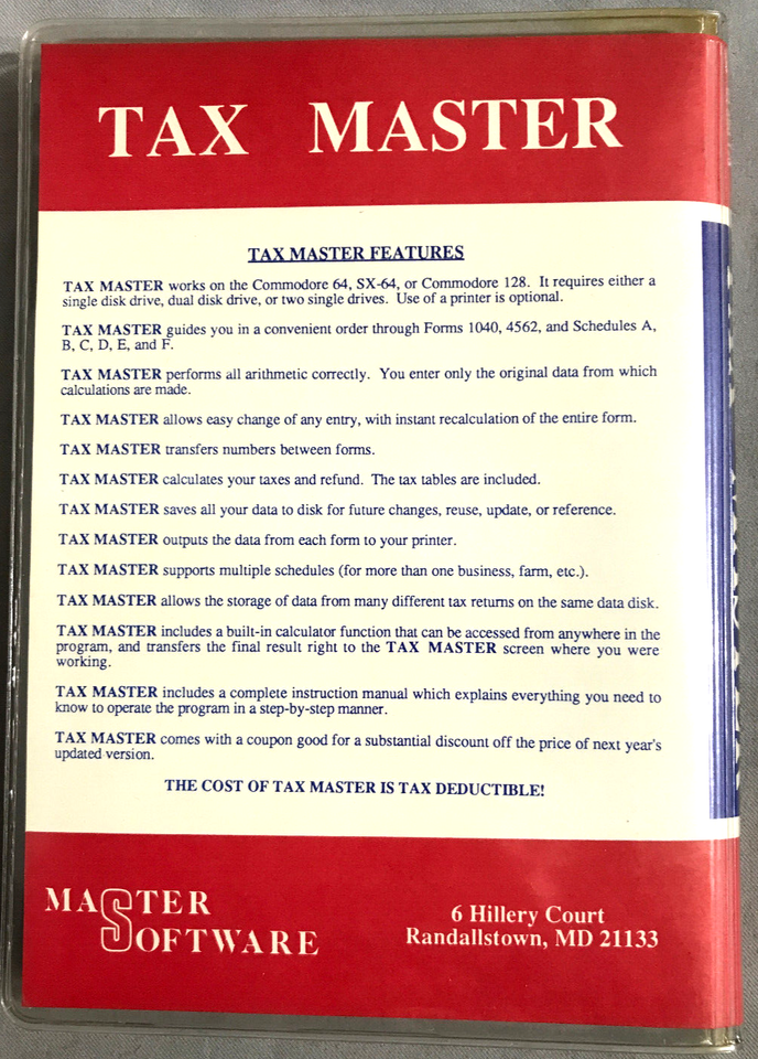 Brand NEW! Tax Master 5" disk Tax Program for Commodore 64 Master ...