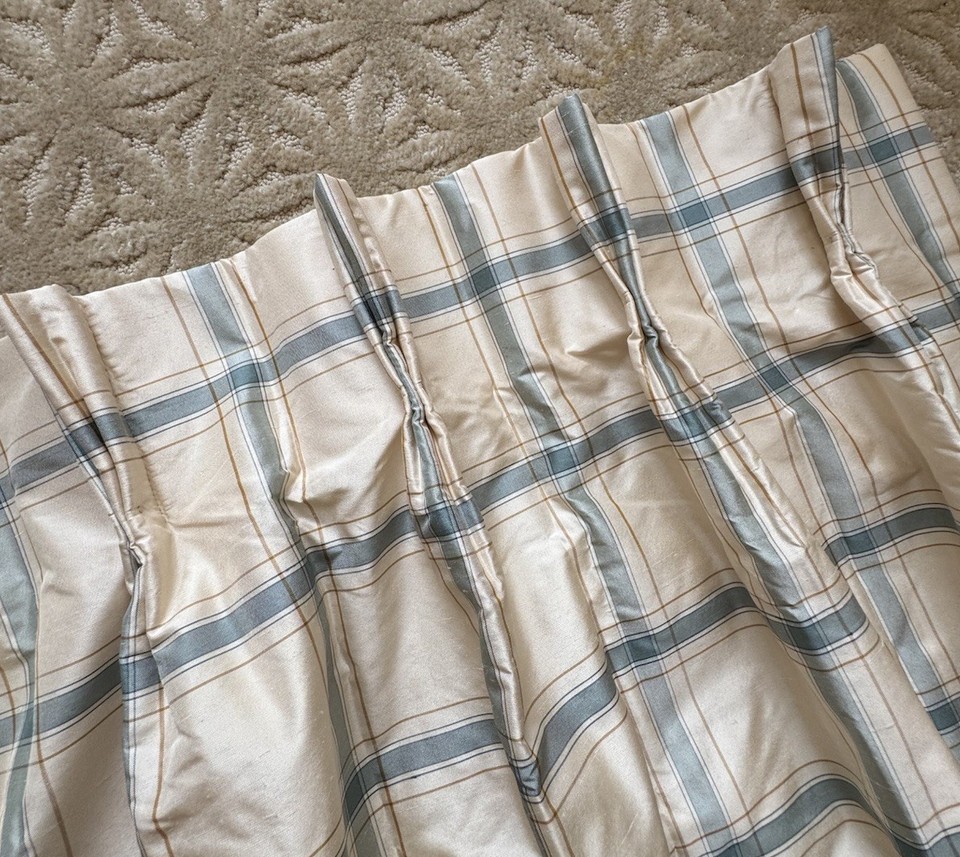 New Custom Pinch Pleat Silk Drapes Curtain Pair 30x86” Lined Plaid Blue ...