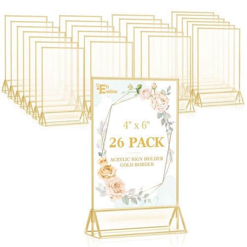 26 Pack 4×6 Clear Acrylic Sign Holder with Gold Borders and Vertical ...