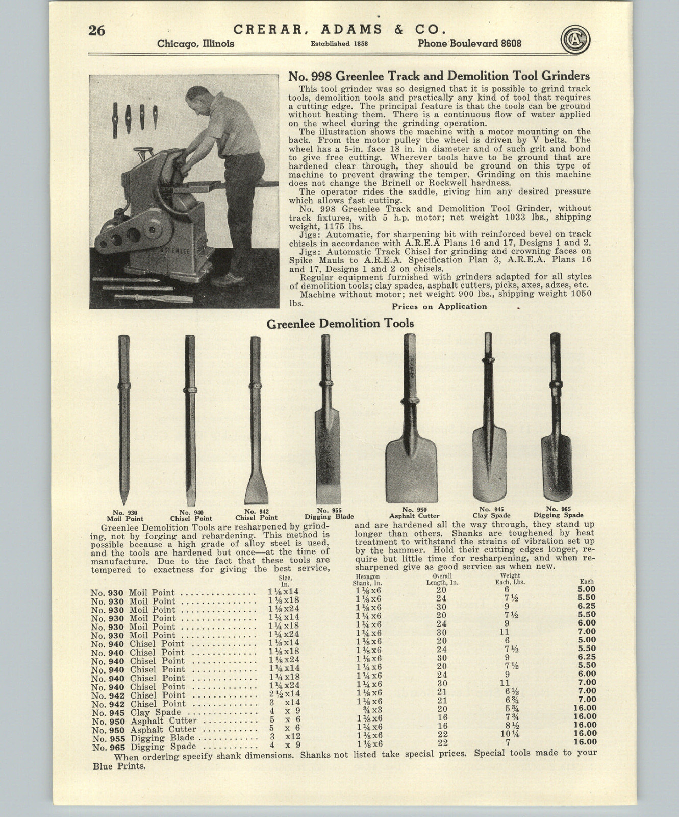 1937 PAPER AD Greenlee Railroad Track Demolition Tool Grinder Moil ...