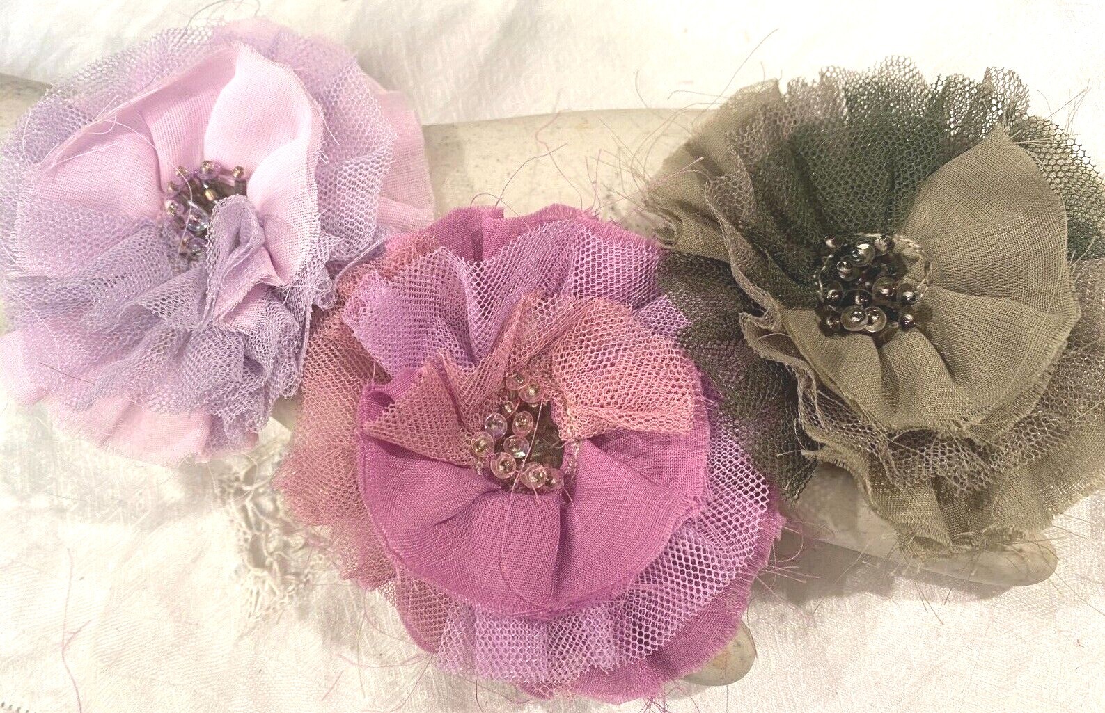 vintage applique boho flower layered netting beads hand sewn 3.5 ...