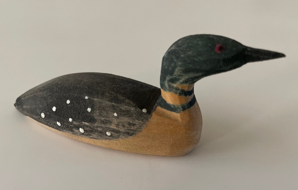 Vintage Miniature Common Loon Hand Carved Wood Painted art, signed KW ...